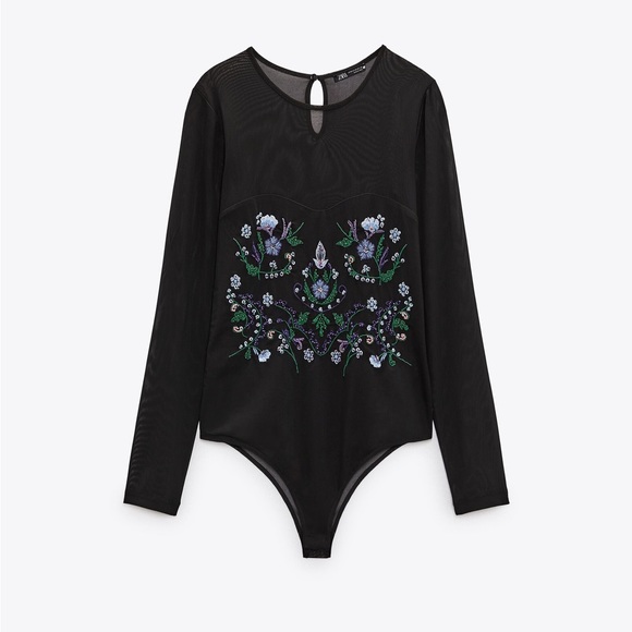 Zara | Tops | Zara Embroidered Tulle Bodysuit Black Nwt | Poshmark